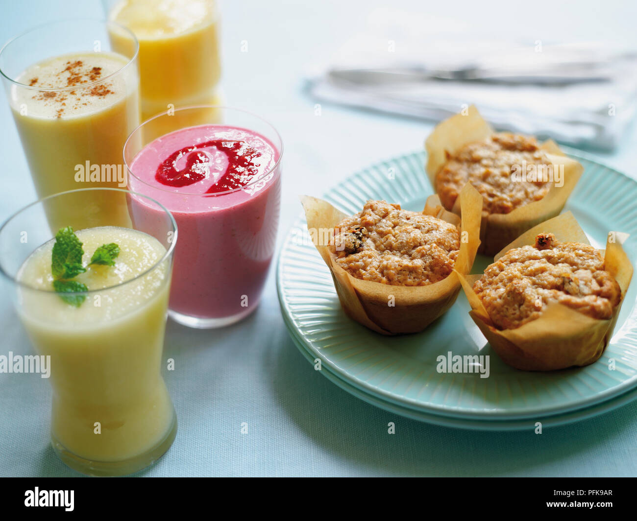 Cinnamon, raisin and apple muffins, and a selection of fresh smoothies ...