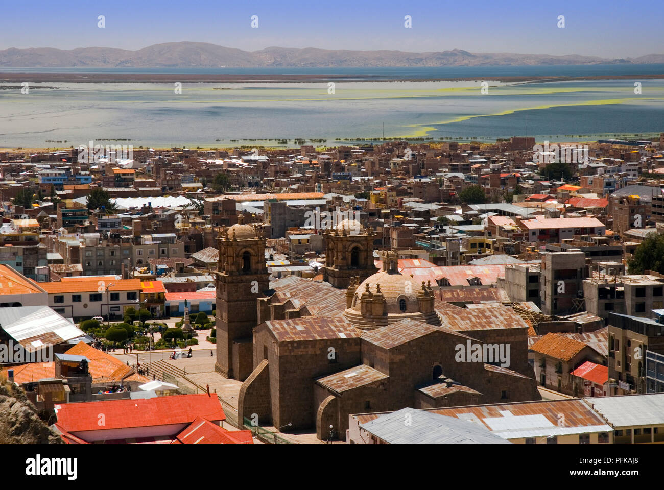 Peru, Lake Titicaca, Puno, cityscape with Iglesia de San Juan Bautista ...