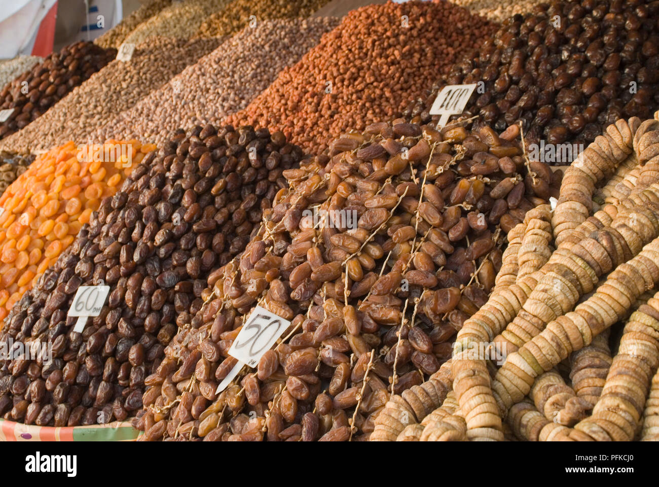 Morocco, Marrakech, Djemaa el Fna, dried fruits and nuts on display at ...