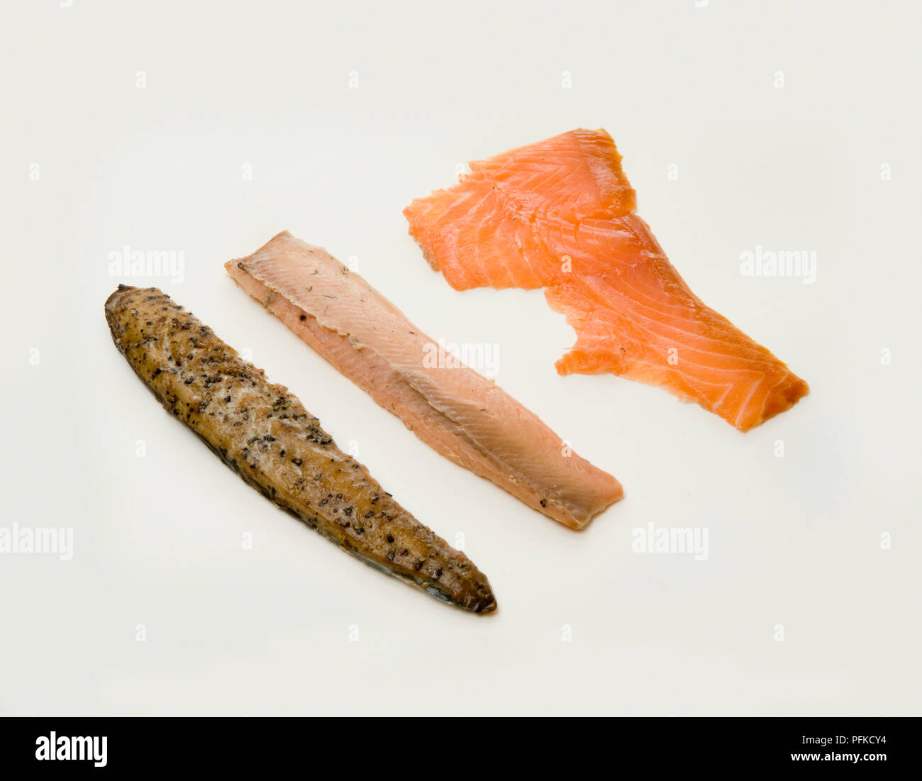 Fillets of smoked mackerel, trout, and salmon Stock Photo - Alamy