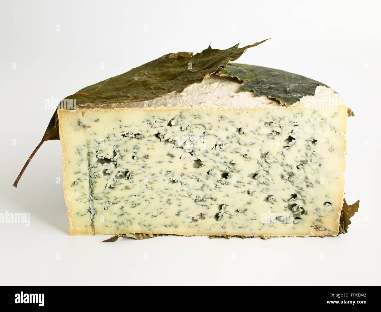 Slice of Spanish Valdeon DO cow's milk blue cheese with sycamore leaf ...