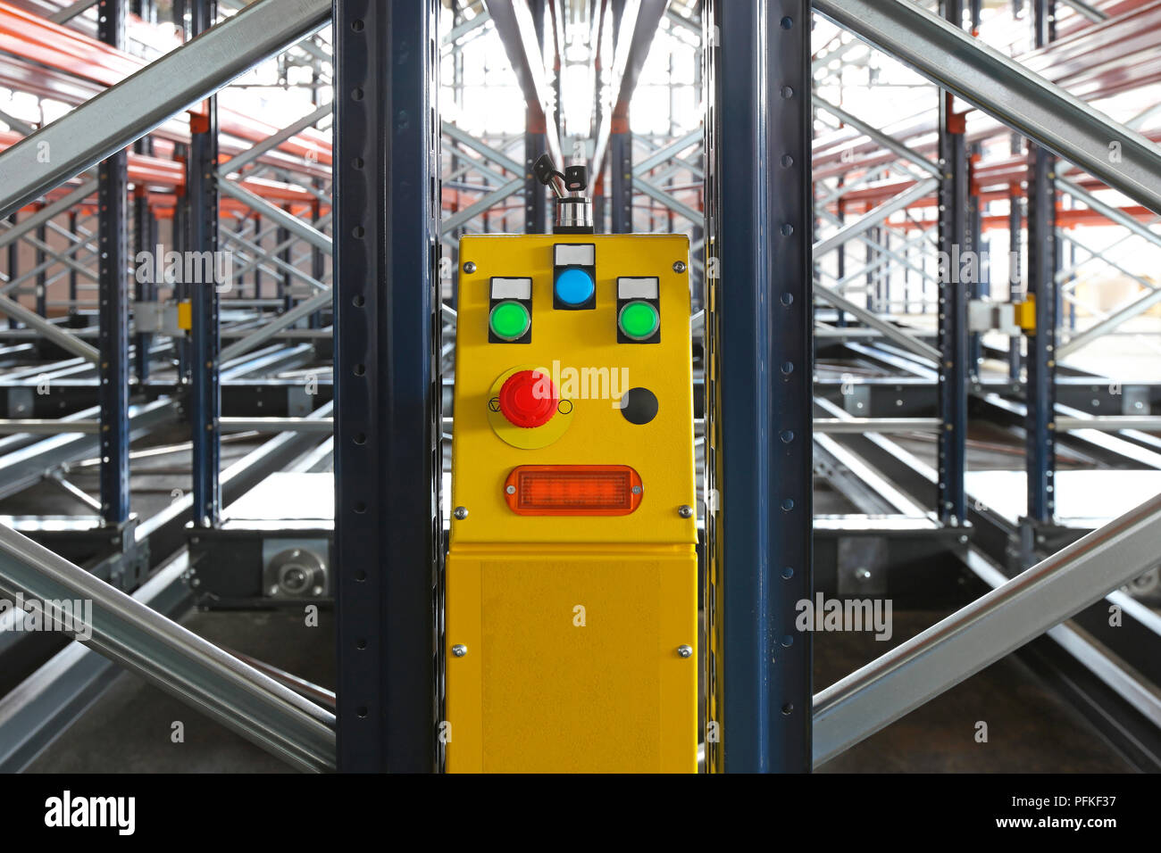 Power control of mobile shelving system in warehouse Stock Photo - Alamy
