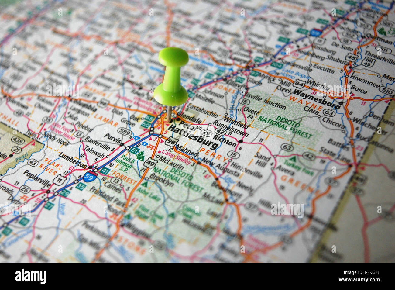A map of Hattiesburg, Mississippi marked with a push pin Stock Photo ...