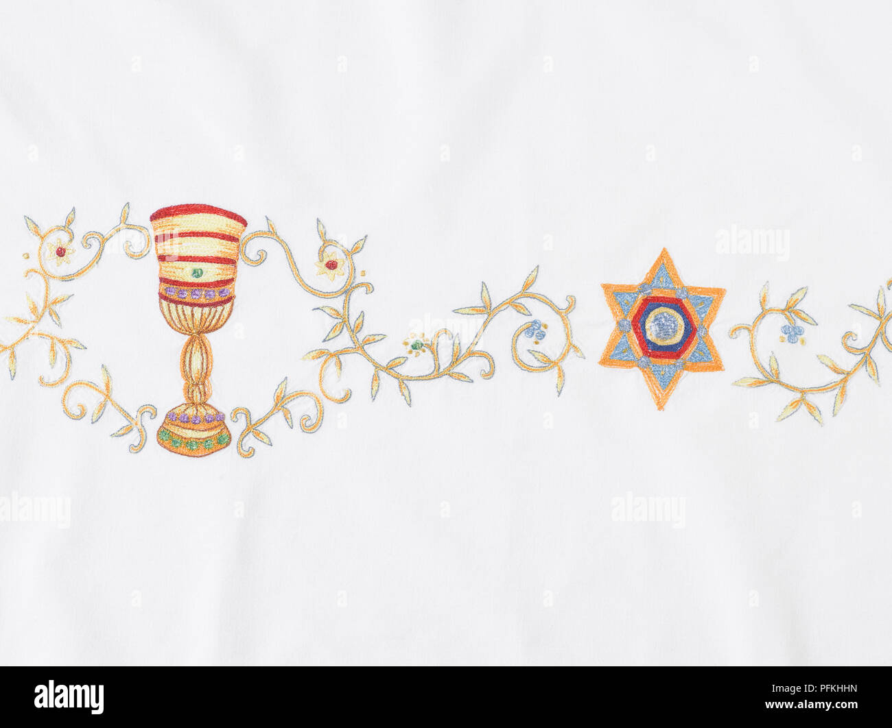 Tablecloth embroidered with traditional Jewish symbols, close-up Stock ...