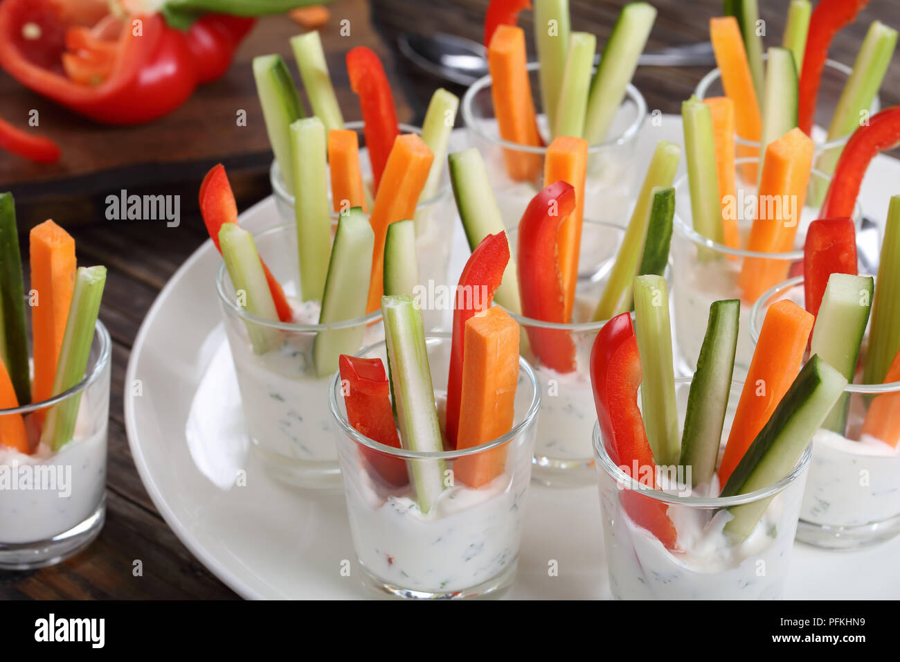 Verrines appetizer with carrot, cucumber, celery and red bell pepper ...