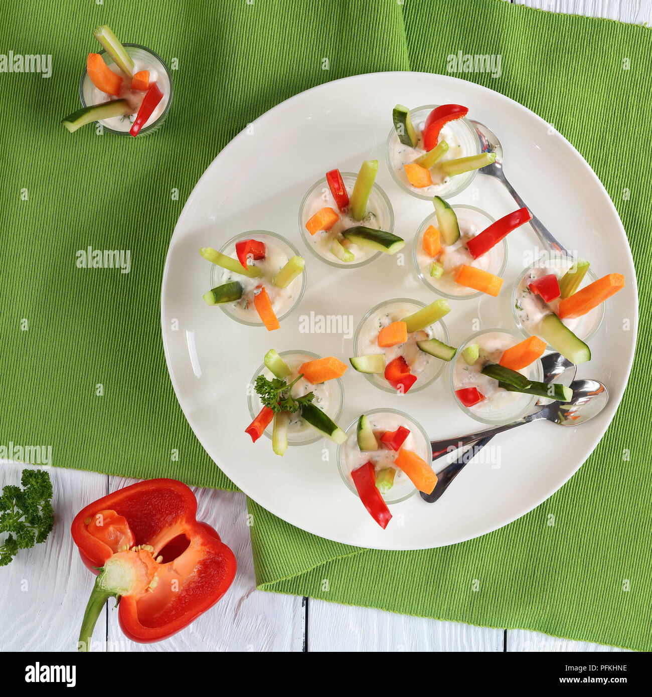 Verrines appetizer with carrot, cucumber, celery and red bell pepper ...