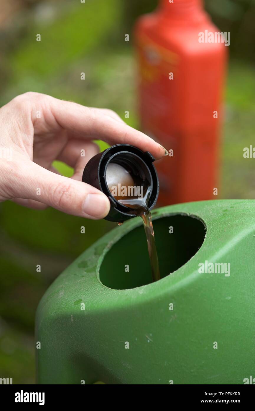 Pouring lid full of fertilzer into watering can Stock Photo - Alamy