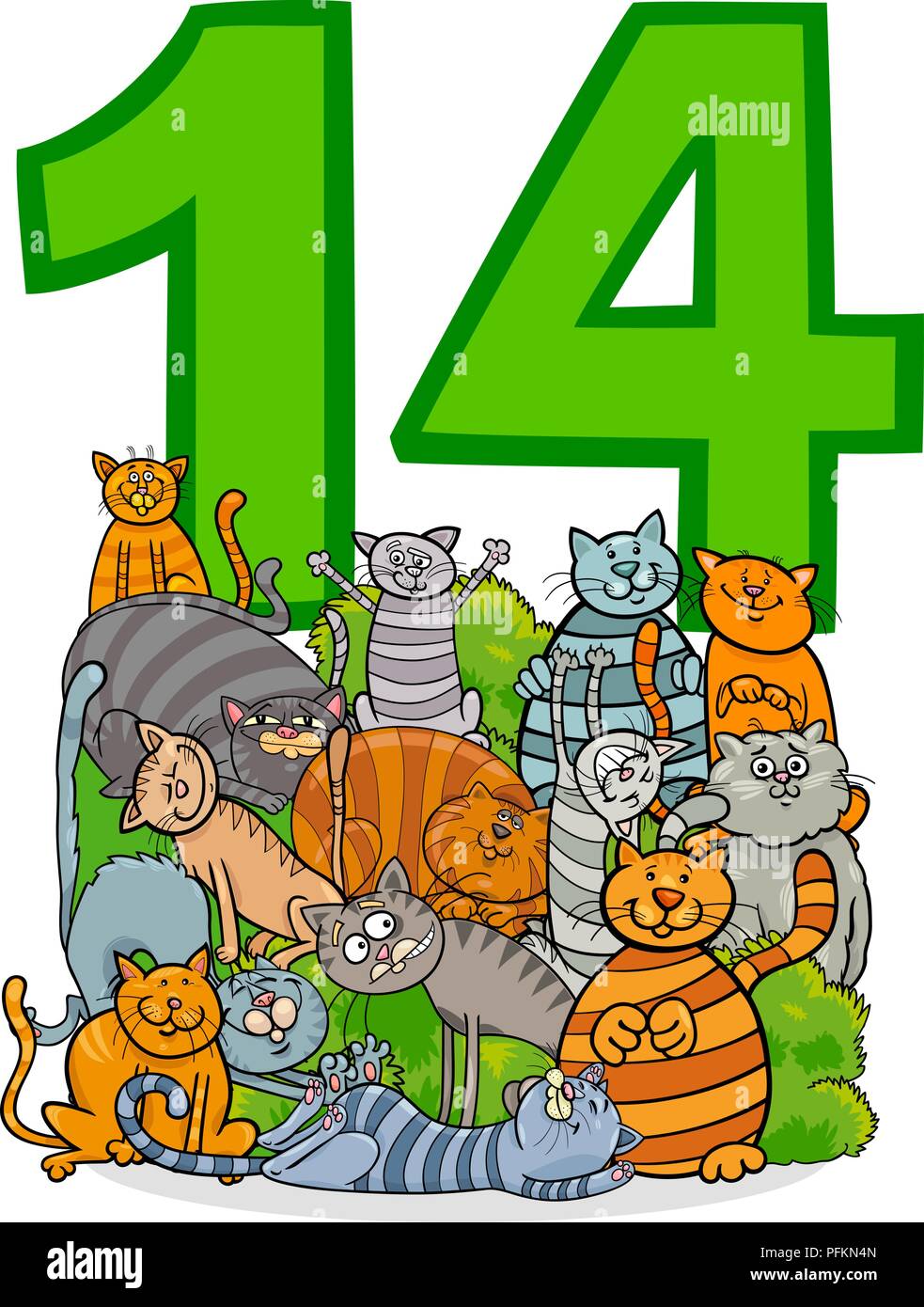 Cartoon Illustration of Number Fourteen and Cat Characters Group Stock ...