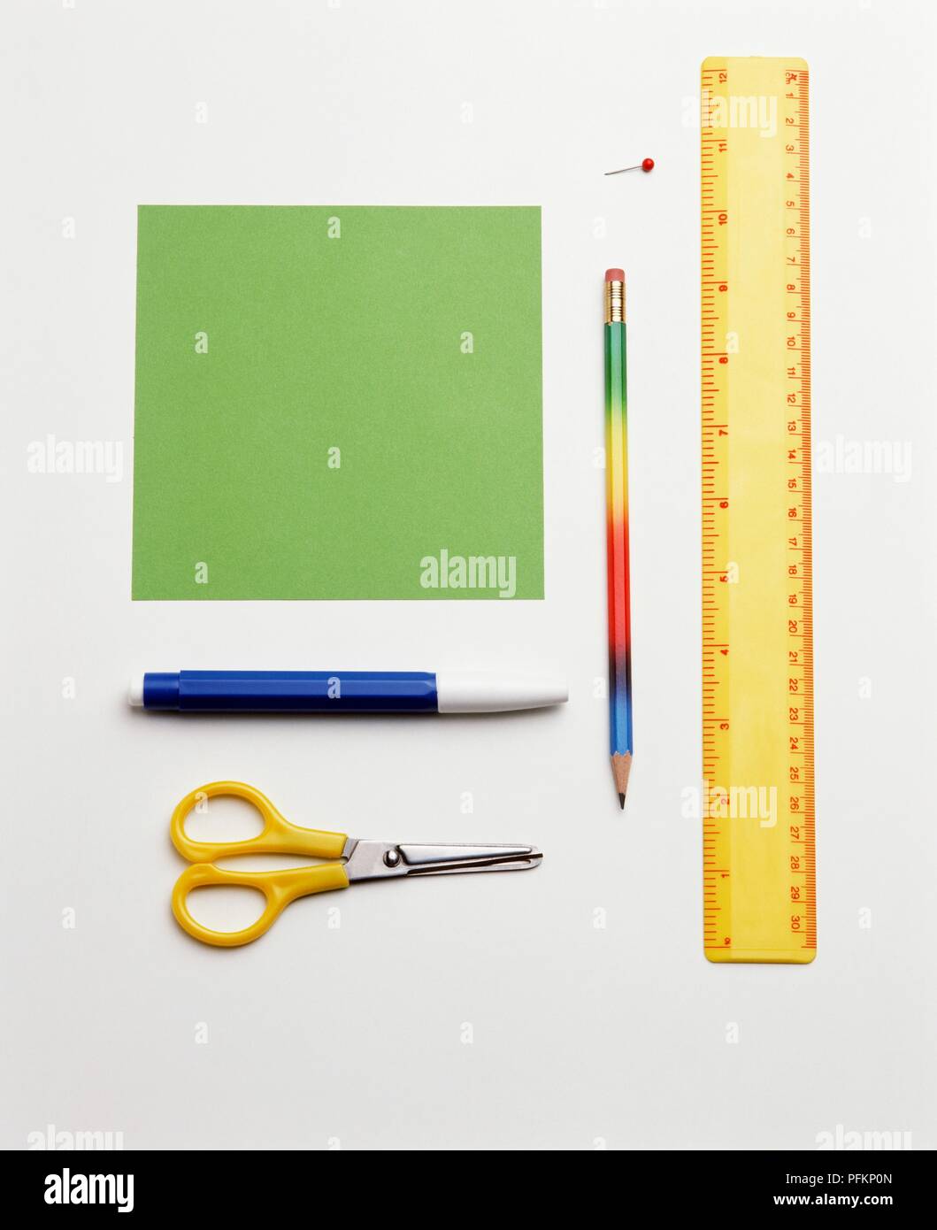Coloured card, scissors, ruler, pen, pin, scissors and pencil Stock ...