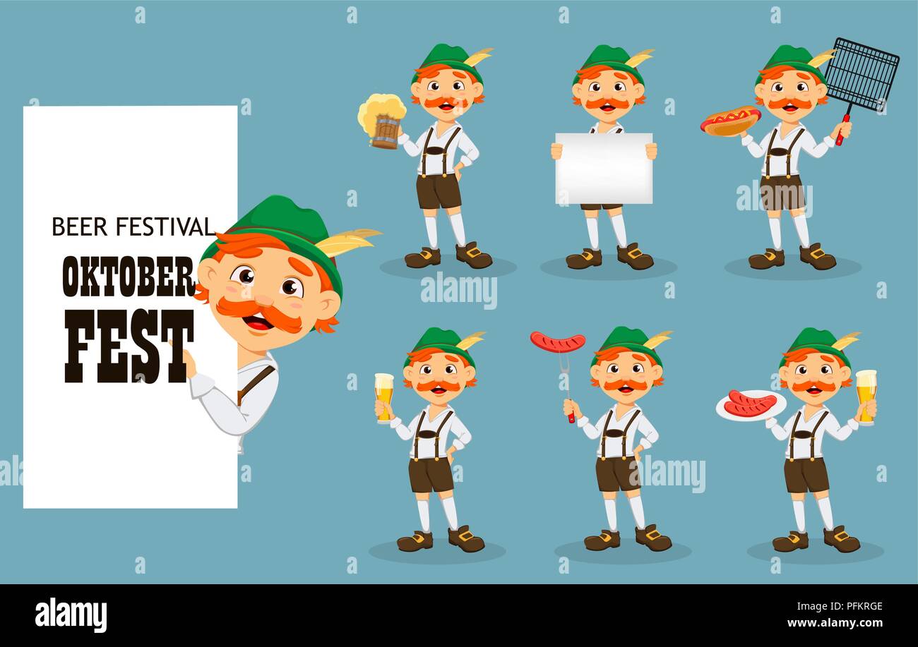 Oktoberfest, beer festival. Funny redhead man, cartoon character, set ...