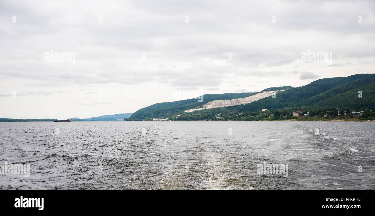 View of the Zhiguli mountains in the Samara region, Russia. Cloudy day ...
