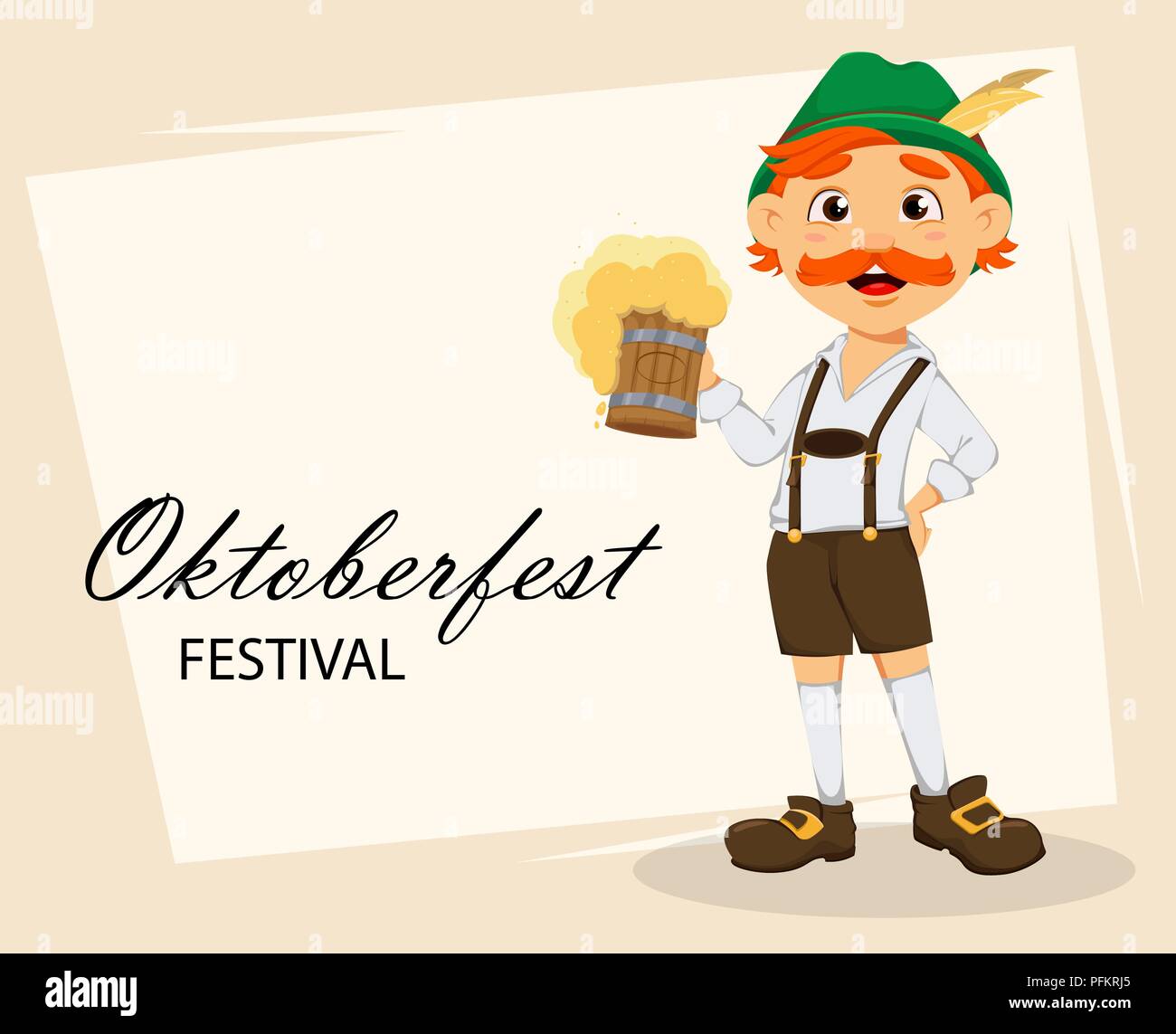 Oktoberfest, beer festival. Funny redhead man, cartoon character ...