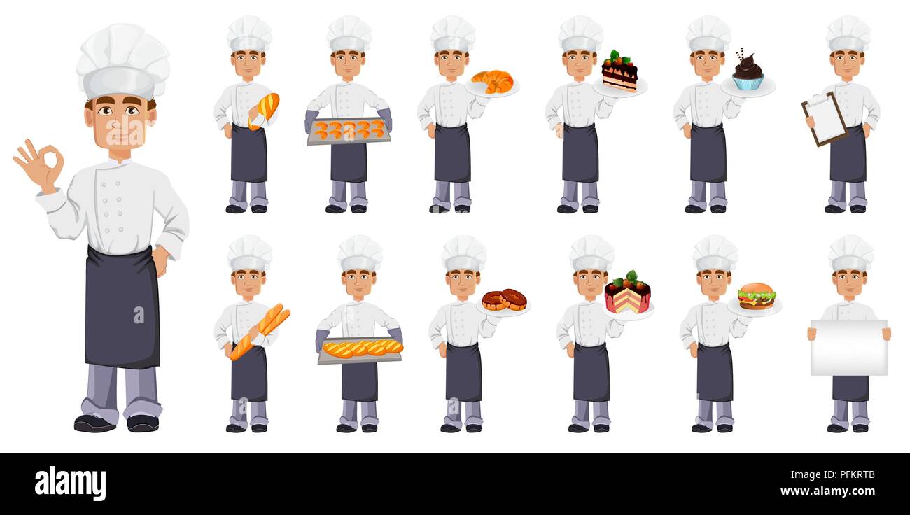 Handsome baker in professional uniform and chef hat, set of thirteen ...