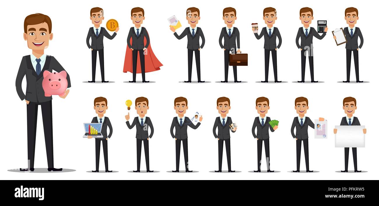 Handsome banker in business suit. Cheerful cartoon character, set of ...