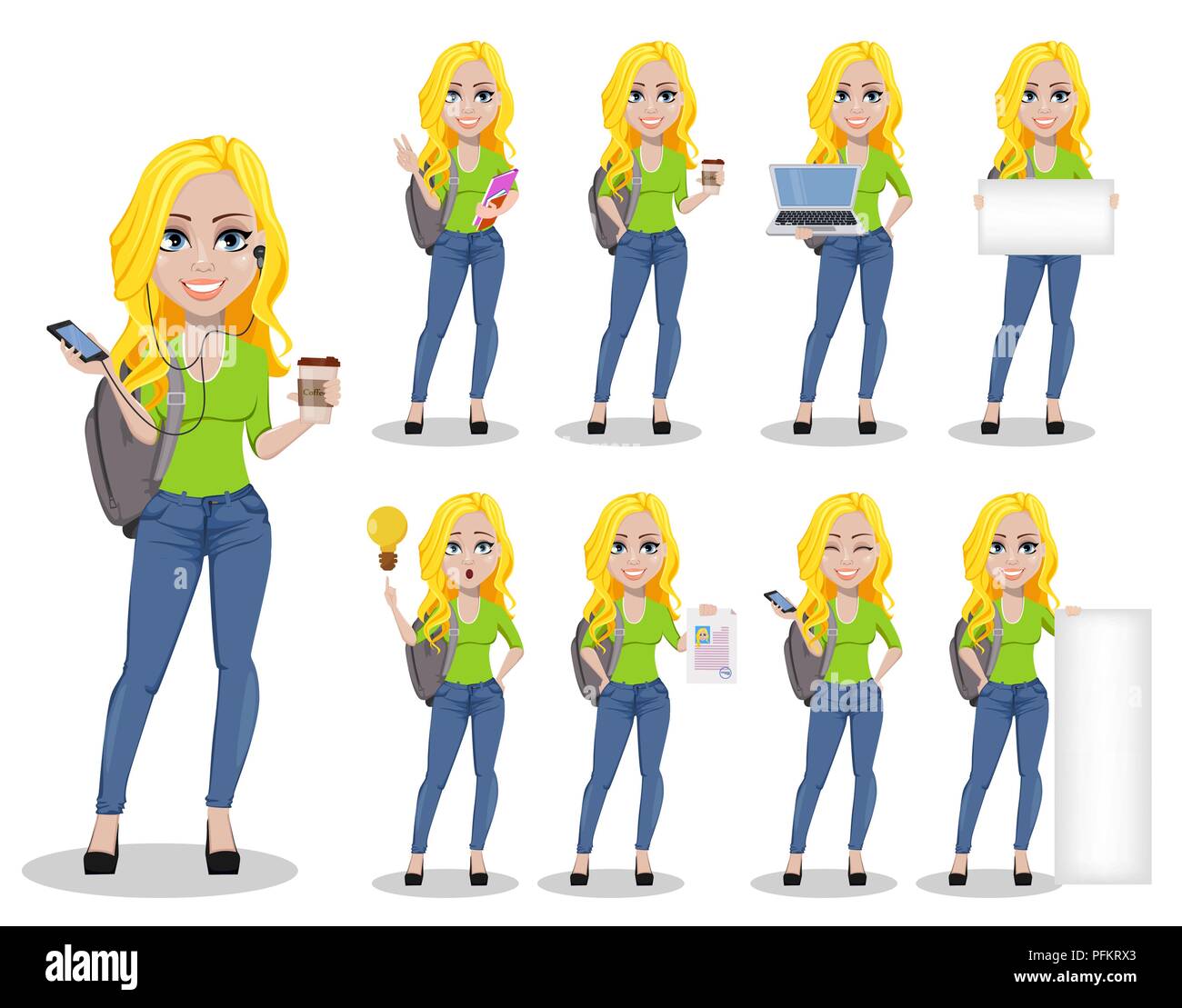 Happy student with backpack. Beautiful female cartoon character, set of ...