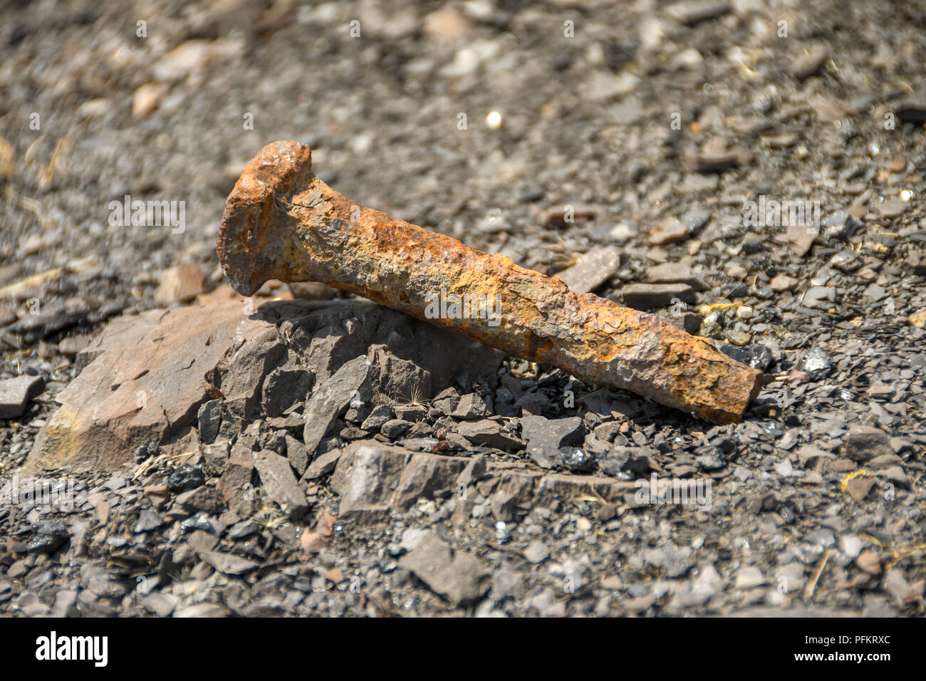 Close up of an old iron bolt used in industry on the remains of a ...