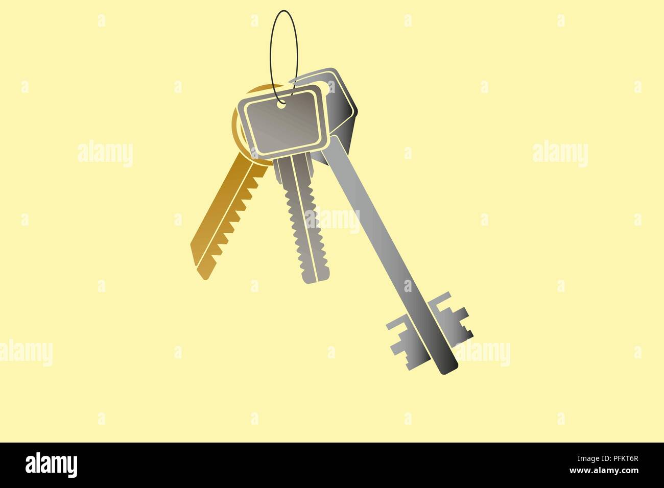 Three different metal keys hanging on the ring on yellow background ...