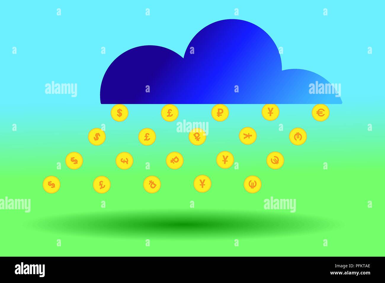 Money rain from blue clouds on green and blue background Stock Vector ...