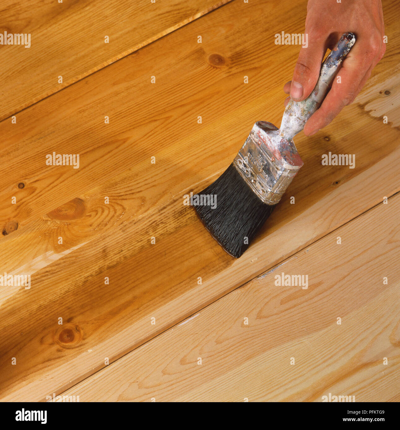 Using brush to apply layer of glaze on untreated floor boards Stock ...
