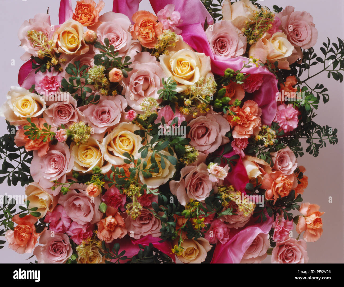 Overhead display of roses packed closely together varying in shades of ...