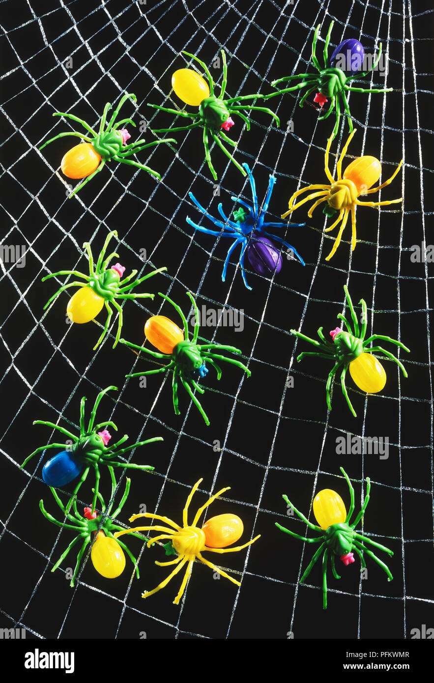 Twelve plastic spiders clinging to a silky web Stock Photo - Alamy
