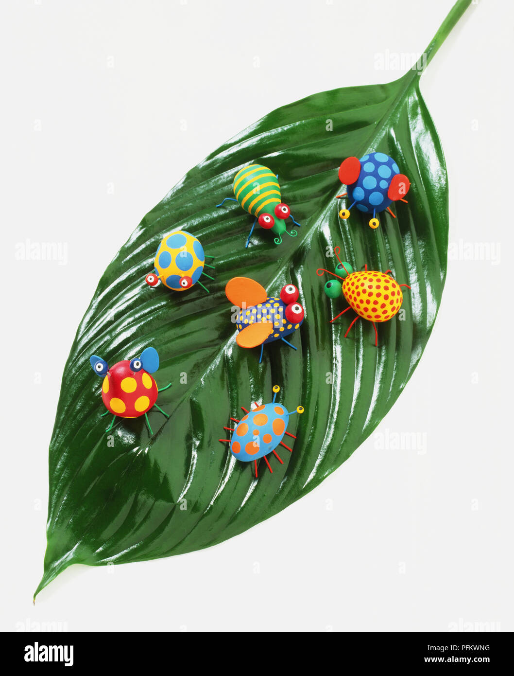 Seven toy bugs on a leaf, view from above Stock Photo - Alamy