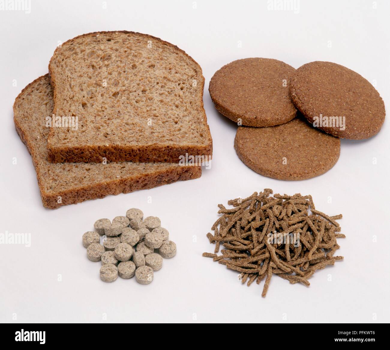 Selection of high-bran food, including bran-rich biscuits, wholemeal ...