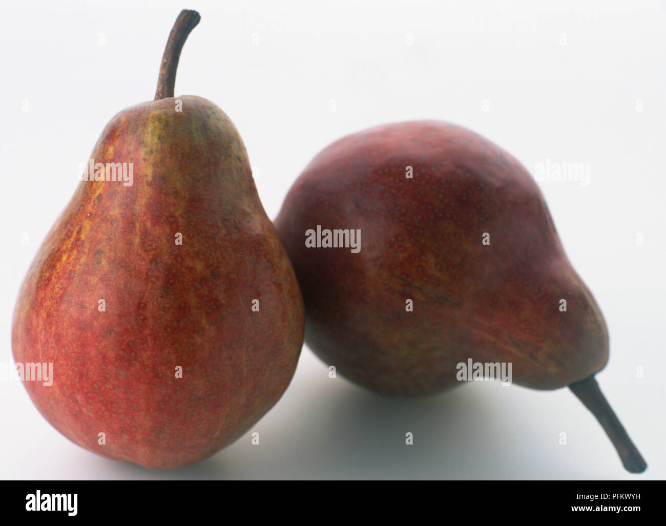 Two fresh pears with red skin and long stalk Stock Photo - Alamy