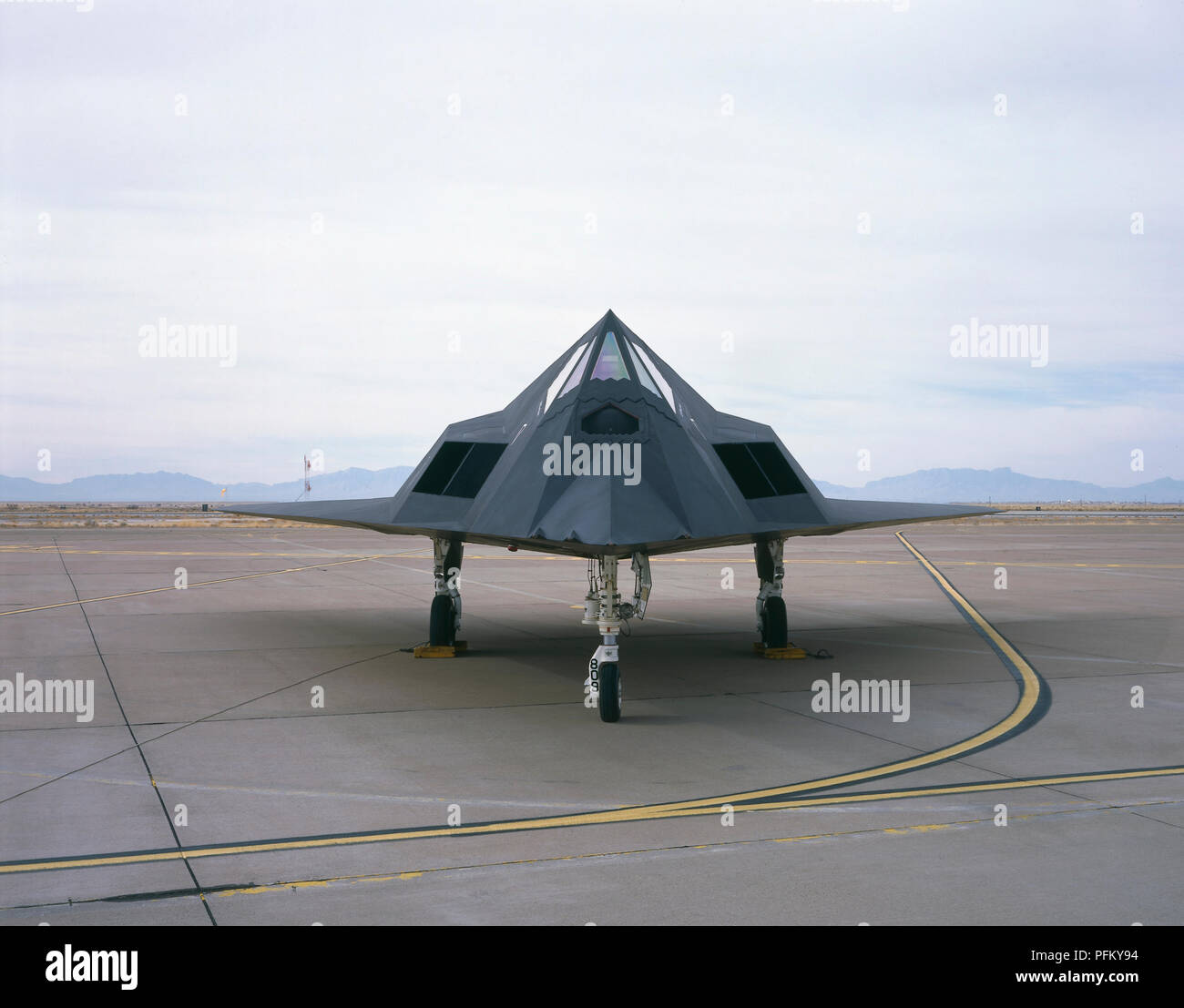 A grounded Lockheed F-117A Nighthawk stealth bomber, front view Stock ...