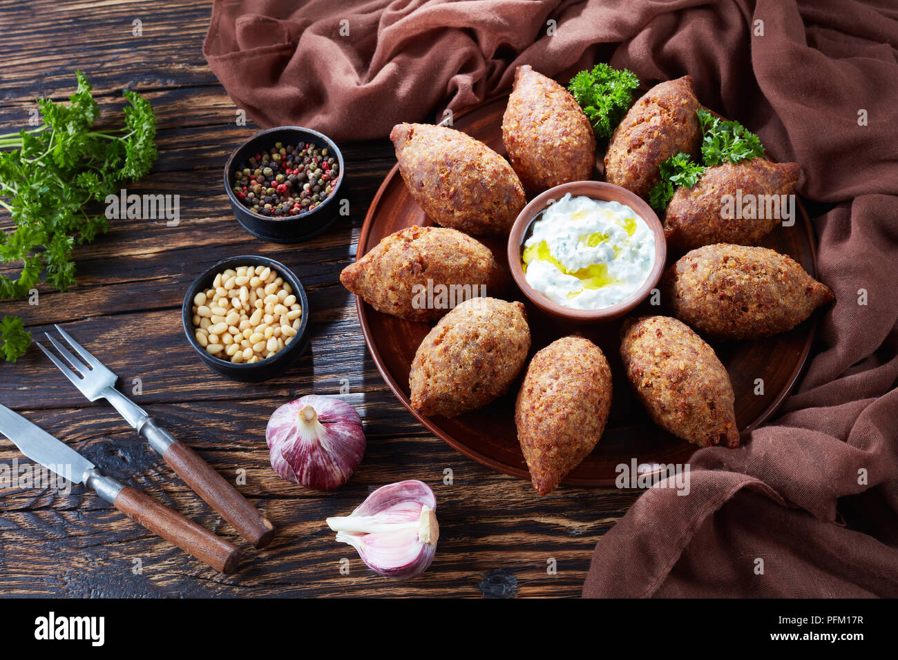 deep fried kibbeh of ground beef meat mixed with bulgur, stuffed with ...