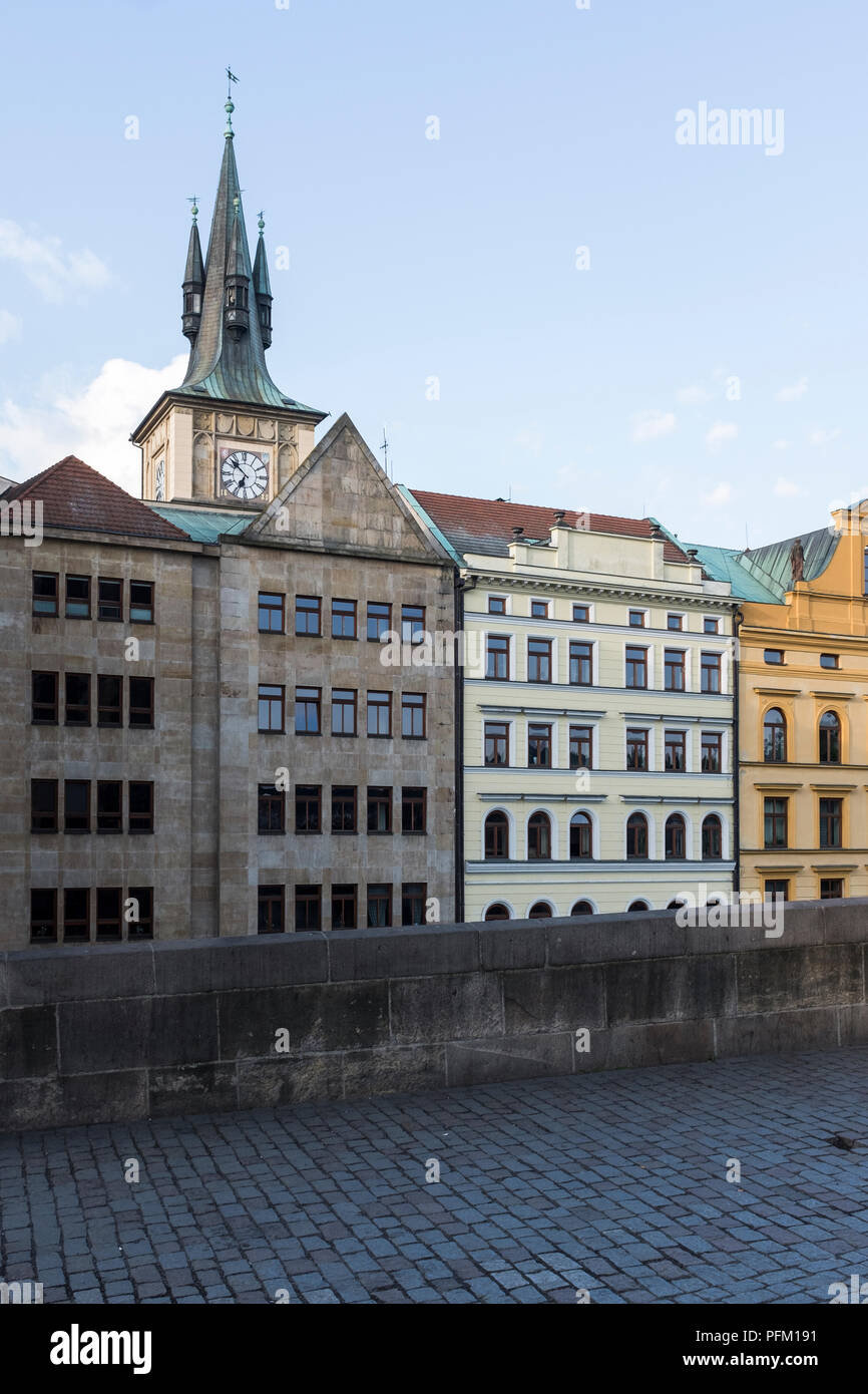 Colorful facades of buildings built over the water in Prague, Czech ...