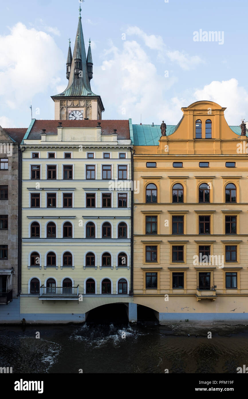 Colorful facades of buildings built over the water in Prague, Czech ...