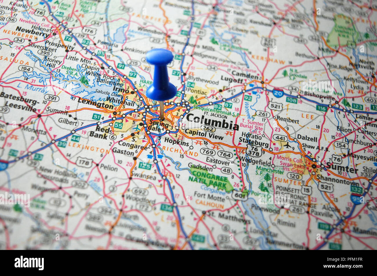 A map of Columbia,South Carolina marked with a push pin Stock Photo - Alamy