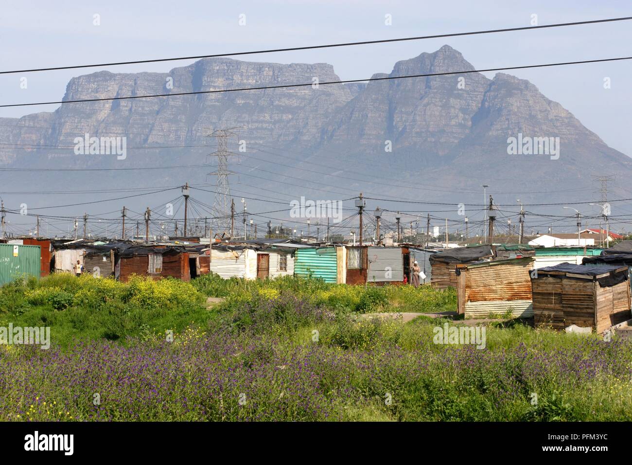 South Africa, Cape Town, Langa Township, shacks set against Table ...