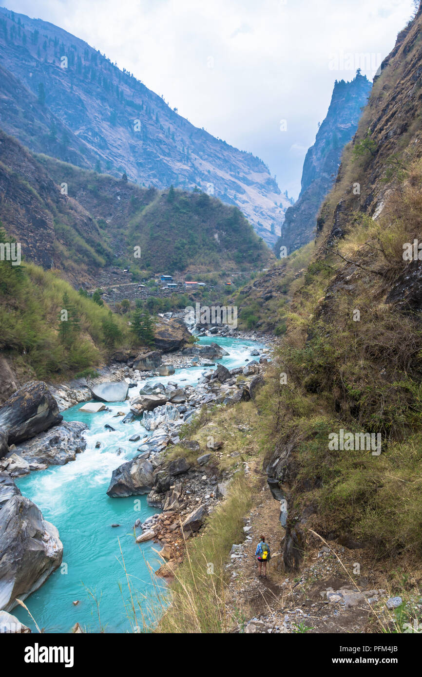 Mountain river in a deep gorge on a spring day, Himalayas, Nepal Stock ...