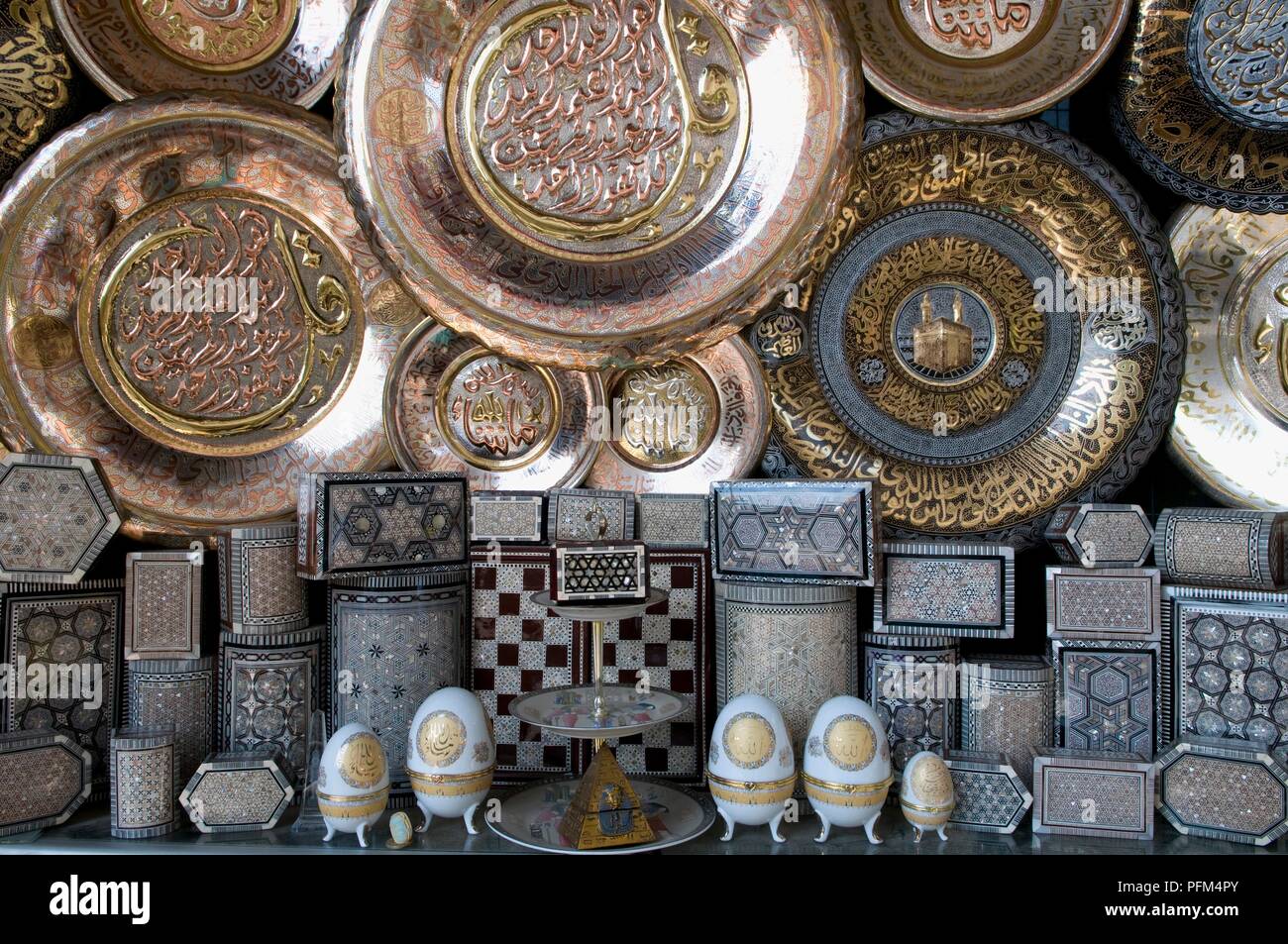 Egypt, Aswan, souvenirs including mother-of-pearl boxes and brass ...