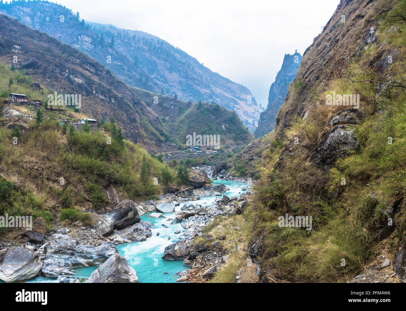 Mountain river in a deep gorge on a spring day, Himalayas, Nepal Stock ...