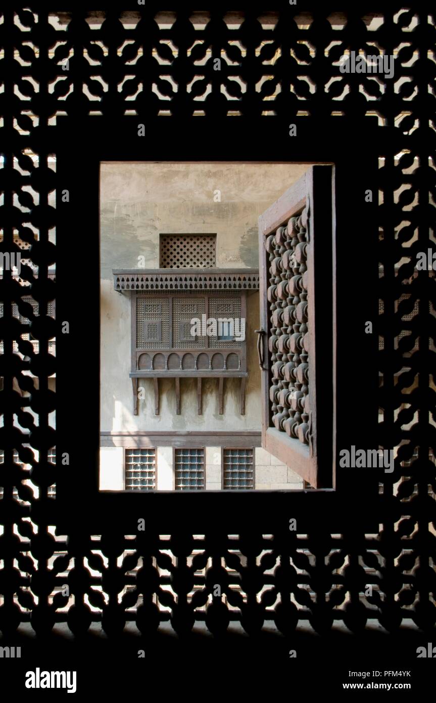 Egypt, Cairo, Al-Ghuri Wikala, wooden Mashrabiya window opening onto ...