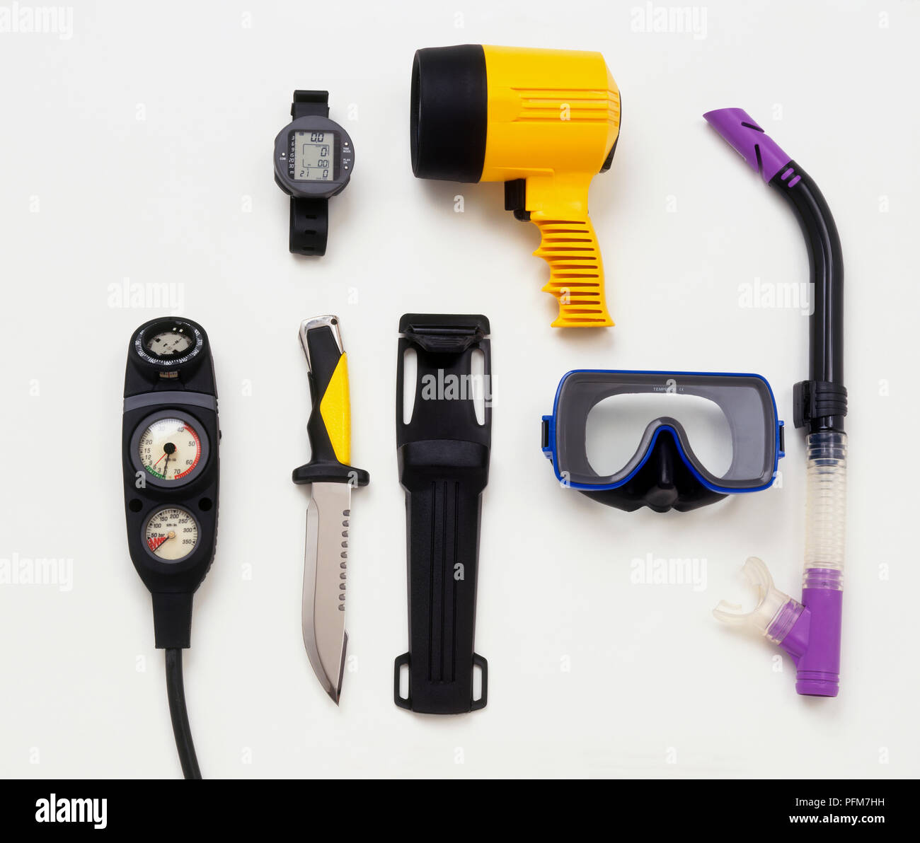 Scuba diving equipment, including knives, compass and gauge, dive ...