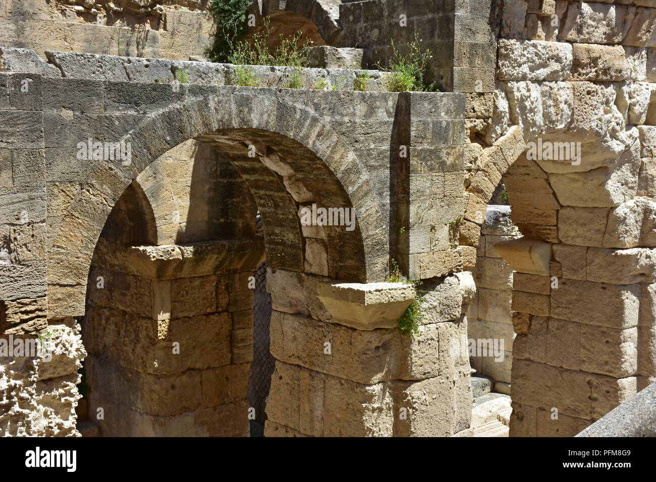 Italy, Lecce, view and details of the ruins of the amphitheater roman ...