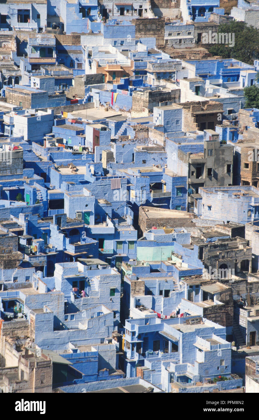India, Rajasthan, Jodhpur, blue facade of flat-roof houses built one ...