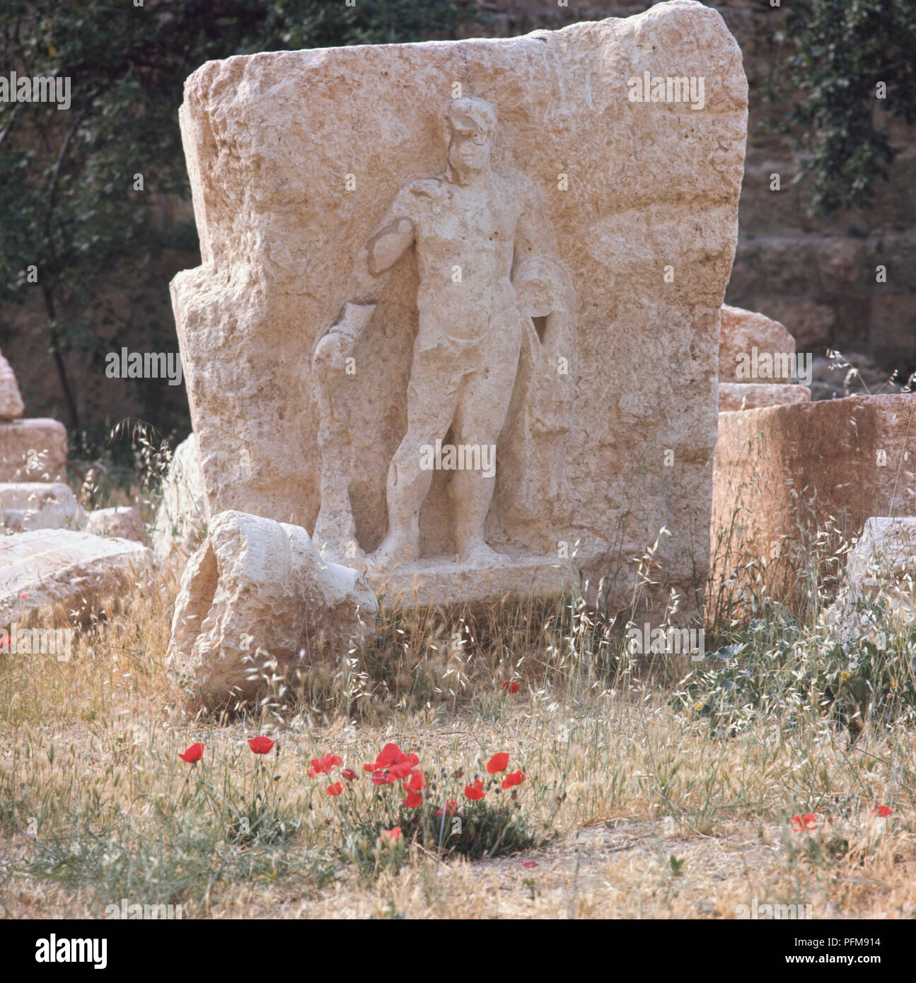 Lebanon, stone carving of Hercules and other stone items, in the ruins ...