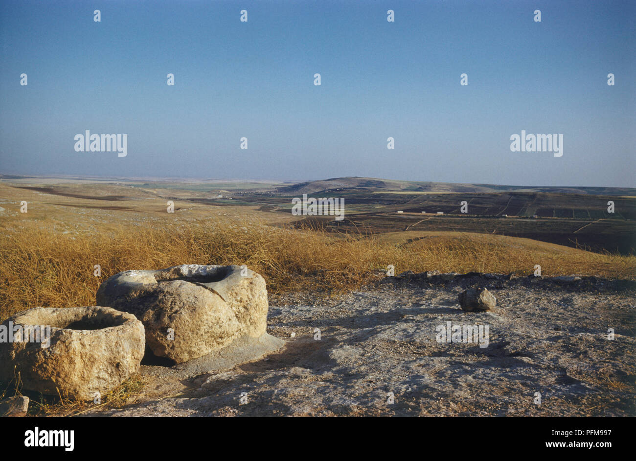 Ancient stone wells south of Amman, Jordan, landscape typical of the ...