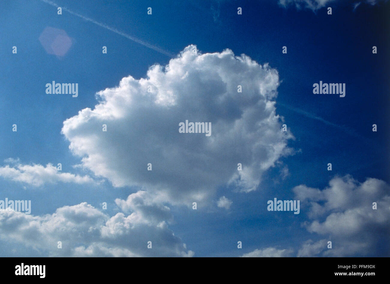 Birth of a cumulus cloud, detatched white fluffy cloud against deep ...