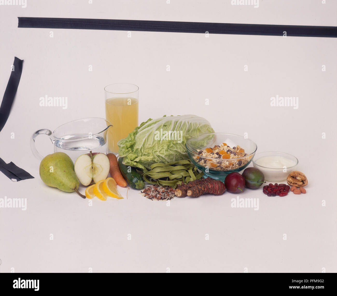 Selection of detoxification diet foods, including fresh fruit ...