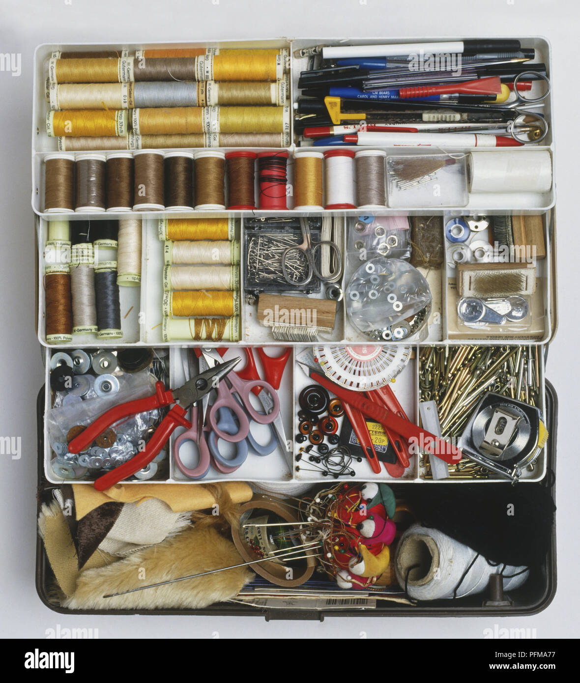 Sewing kit including a selection of threads, needles, scissors, pliers ...