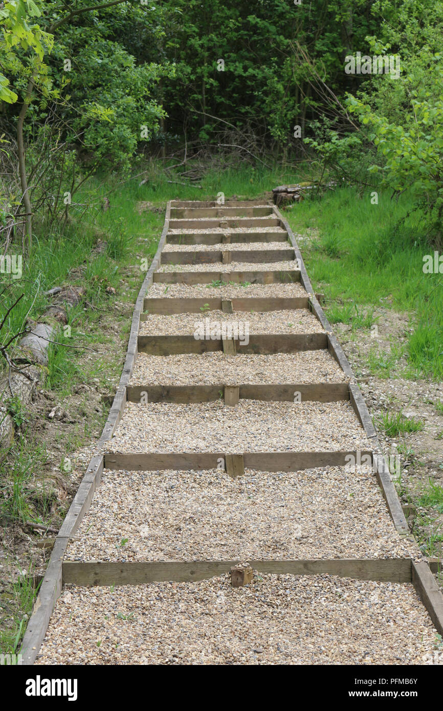 New footpath steps made from wooden boards for the risers and sides and ...
