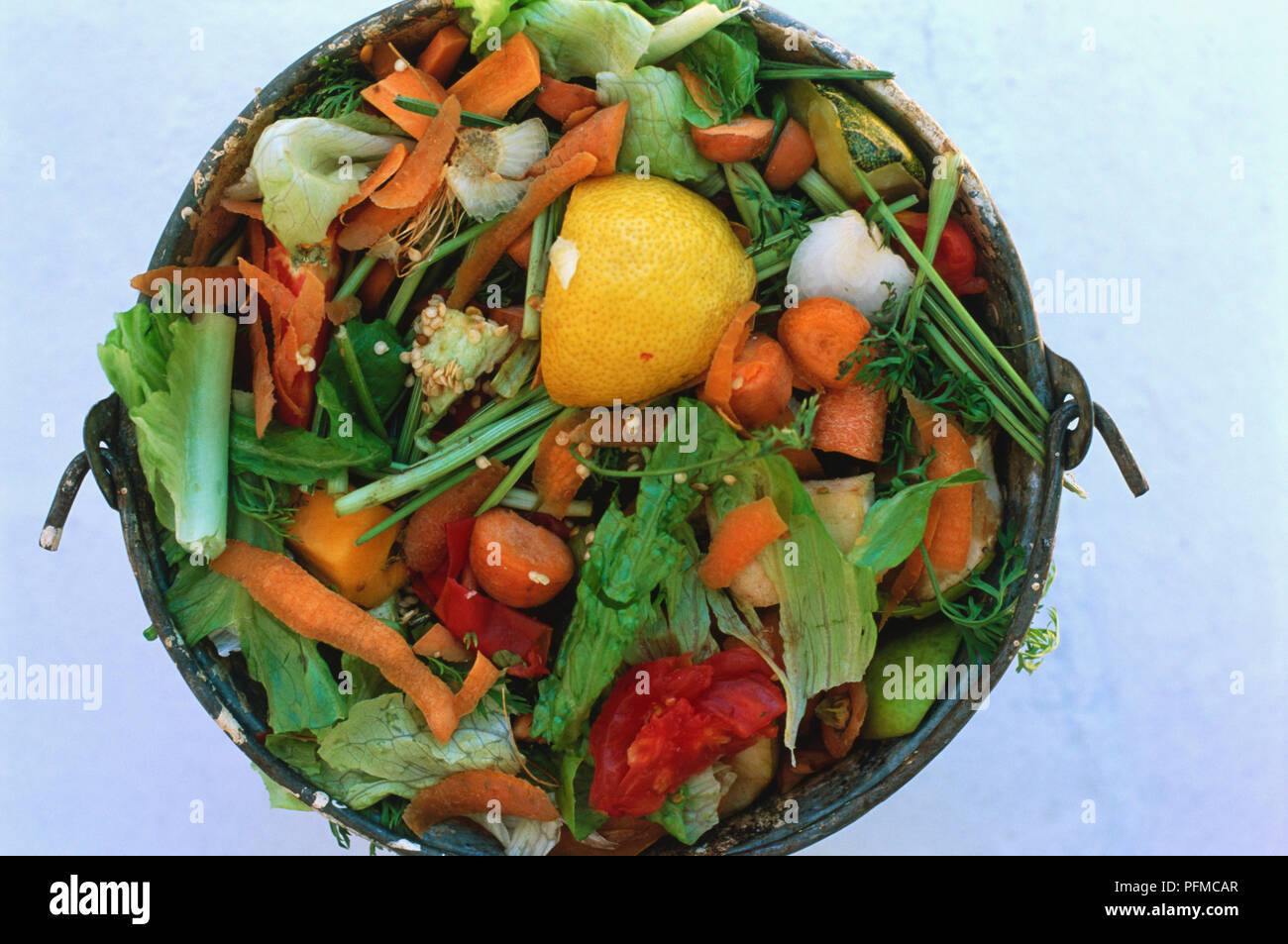 Overhead view of a compost bucket containing organic matter Stock Photo ...