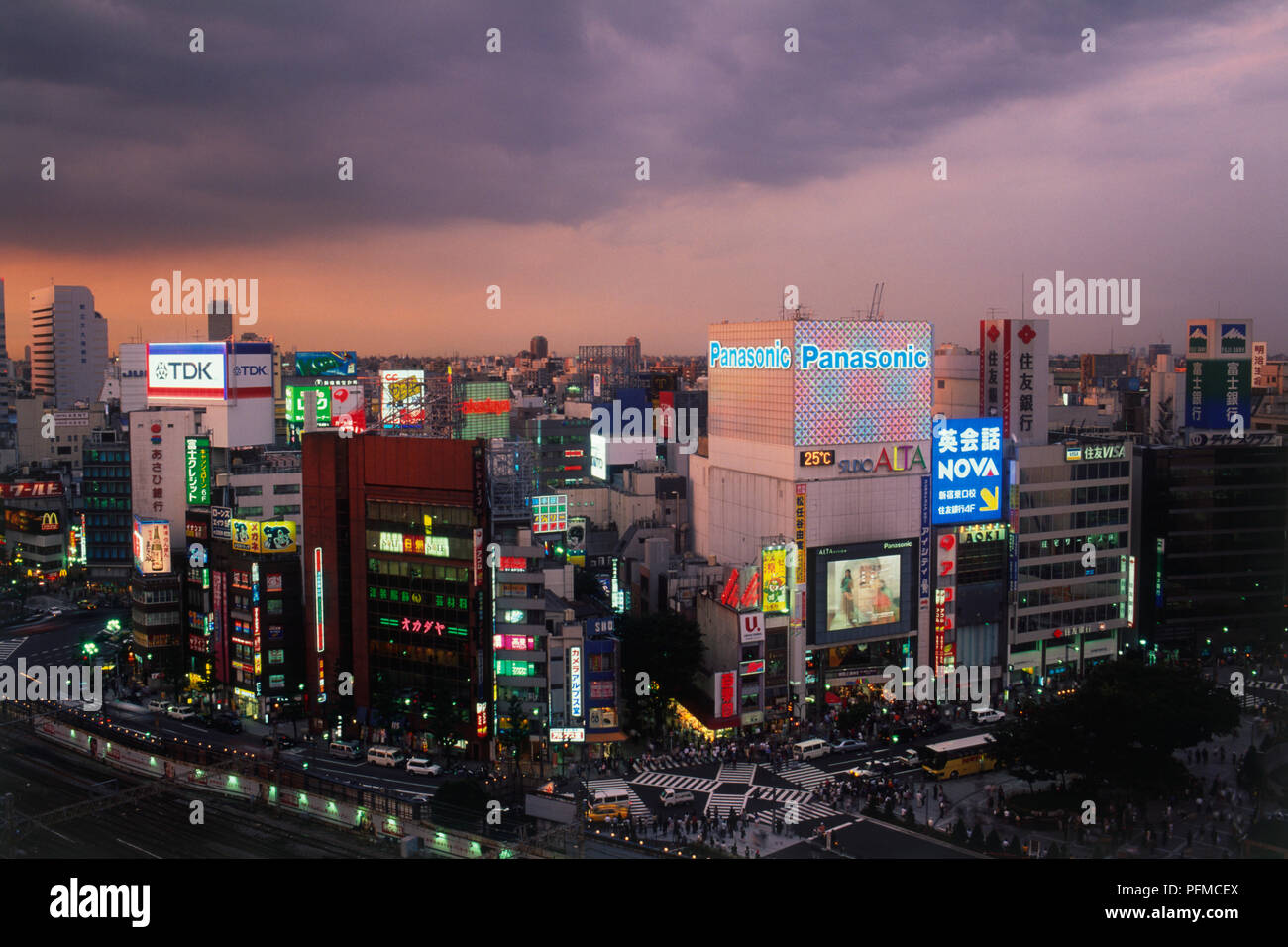 Japan, Tokyo, East Shinjuku, Studio Alta, neon signs on modern ...