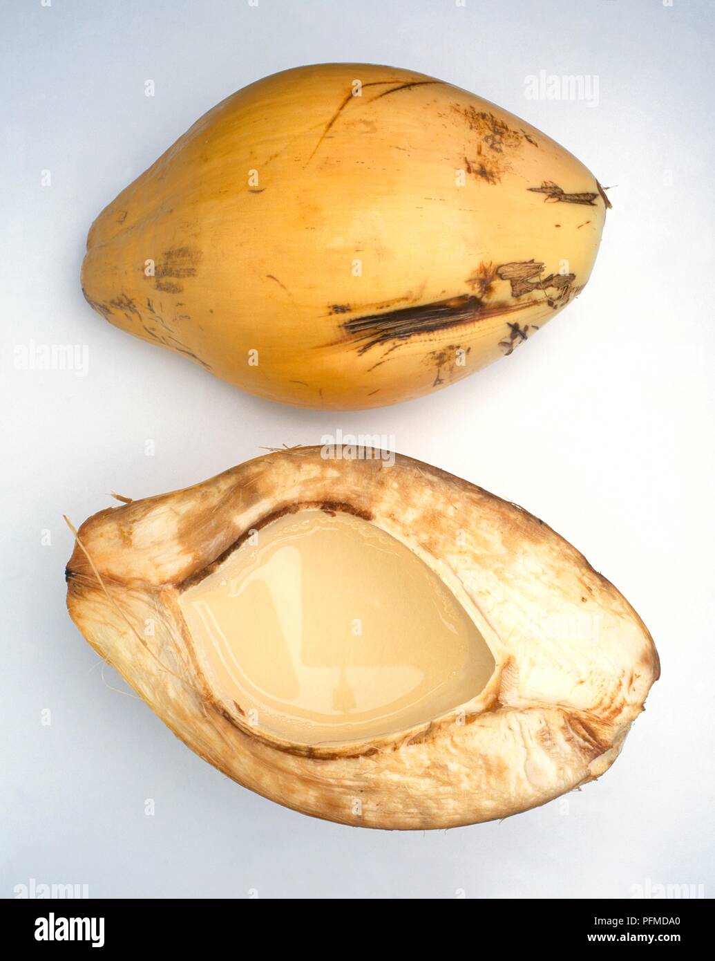 Whole and sliced unripe coconut, close-up Stock Photo - Alamy